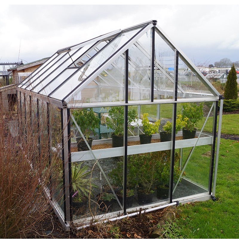 Serre Eos Junior 10,80m² Janssens alu naturel et verre trempé avec base