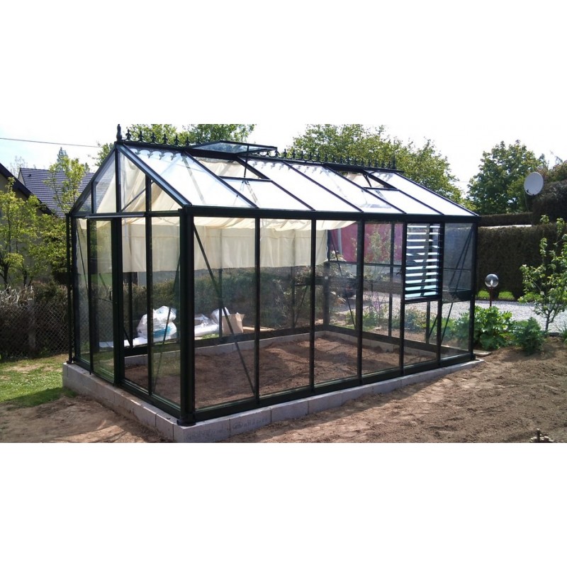 Serre Helios Master 10,8m² Janssens alu laqué et verre trempé avec base