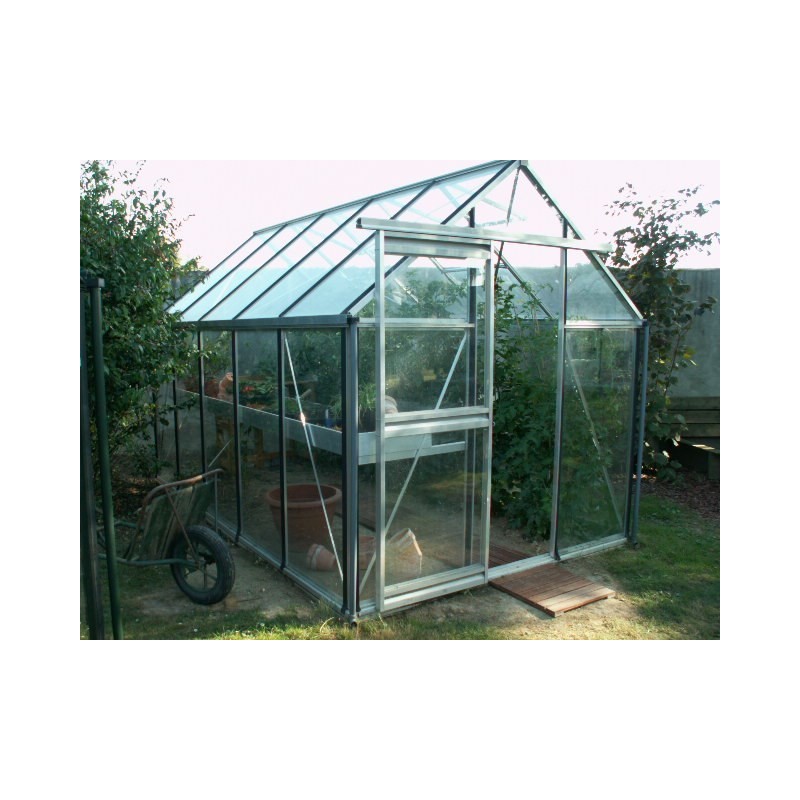 Serre Eos Junior 9,10m² Janssens alu naturel et verre trempé avec base