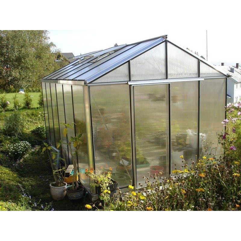 Serre Helios Master 14,20m² Janssens alu naturel et polycarbonate avec base
