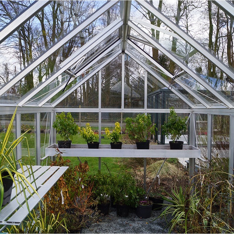 Serre Eos Junior 7,30m² Janssens alu naturel et verre trempé avec base