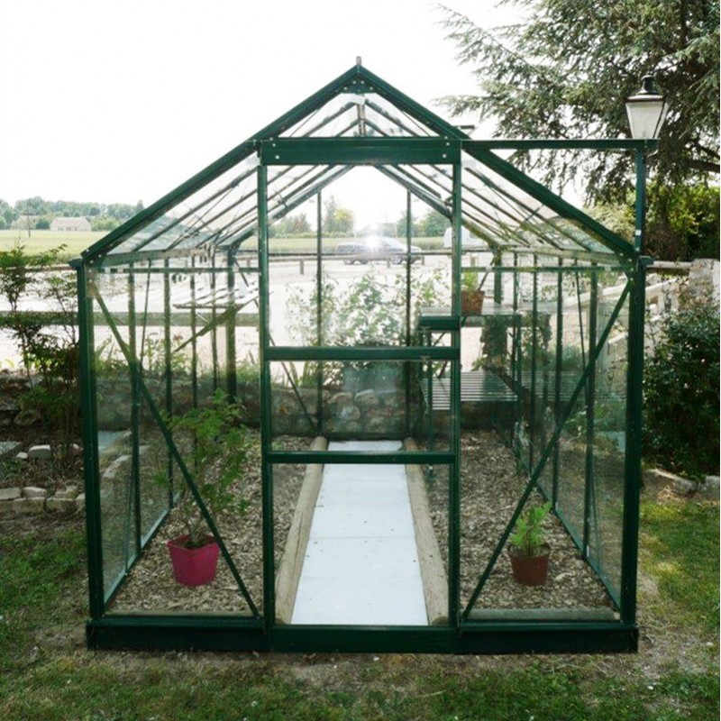 Gewächshaus Opale 5,80 m² aus grün lackiertem Aluminium und gehärtetem Glas mit Basis